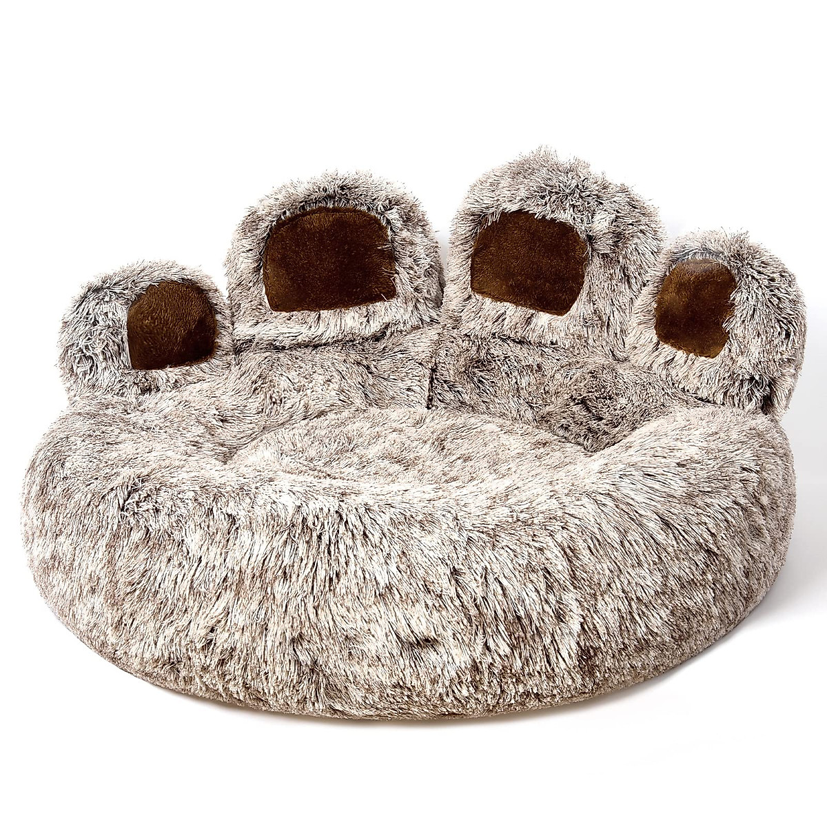 Jiupety Paw Shape Calming Pet Bed, Medium Plush Faux Fur Donut Bed for Dogs & Cats, Machine Washable, Non-Slip Bottom, Extra Large Size (32"×32"×10"), Gray