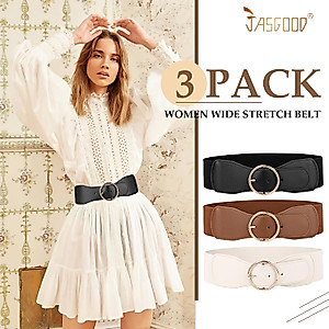 JASGOOD 3 Pack Women Wide Elastic Waist Belt for Dress Ladies Stretch Belt with Gold Round Buckle