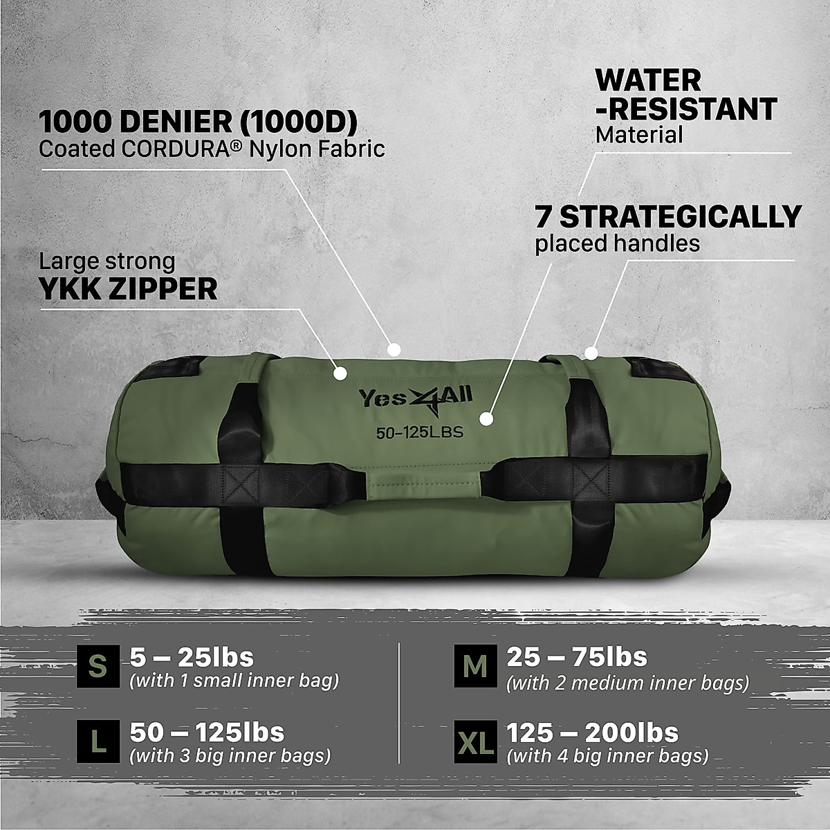 Yes4All Workout Sandbags, Heavy Duty Sandbags - Army Green - L