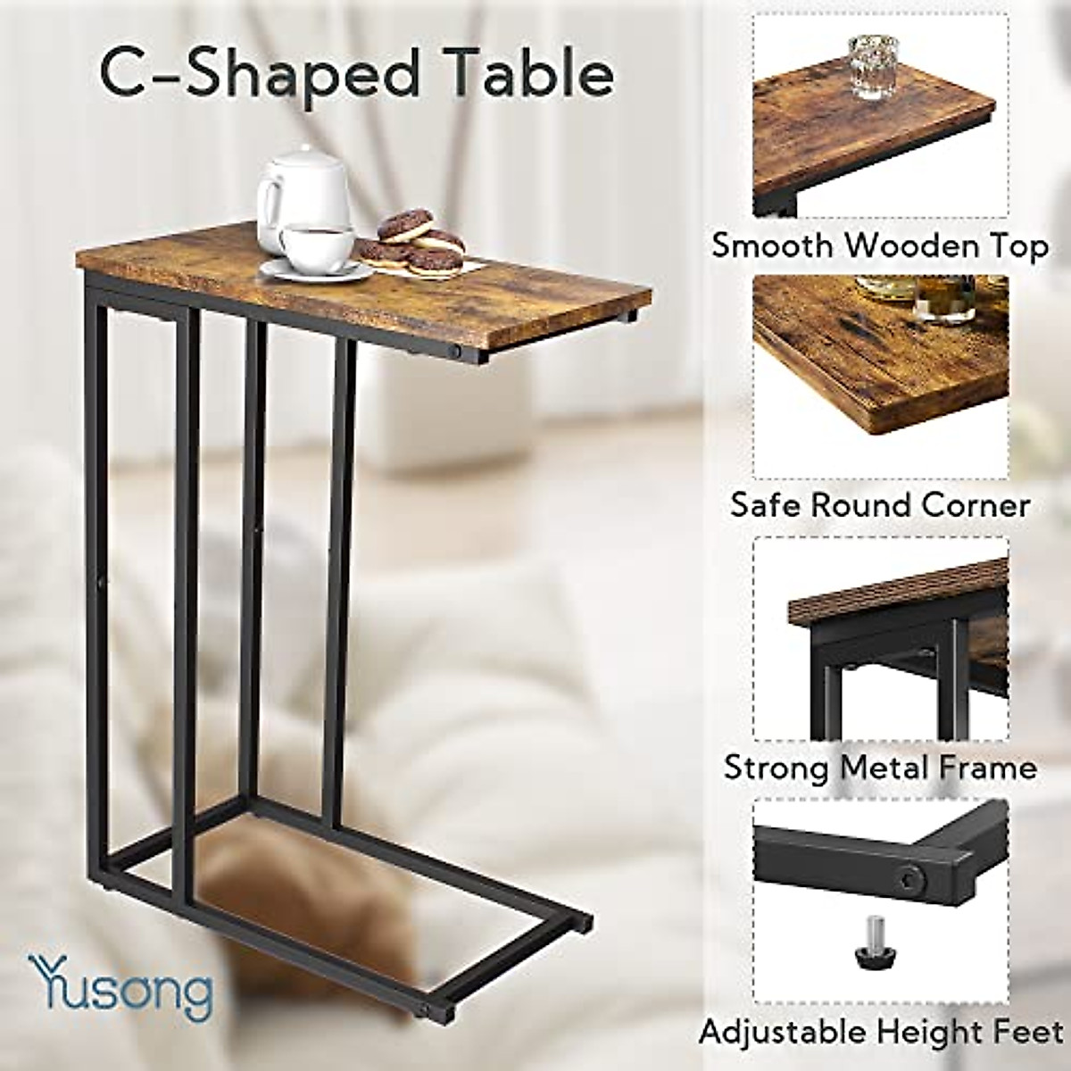 Yusong Small C Shaped End Table, Slim Couch Side Tables Slide Under Sofa Bed, Skinny Snack Tray Table for Coffee Laptop in Living Room,Easy Assembly, Rustic Brown