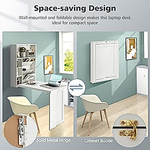 GOFLAME Wall Mounted Desk, Folding Floating Desk with 3-Tier Tilt Storage Partition and Adjustable Shelves, Space-Saving Fold up Desk Laptop Desk, Convertible Writing Desk for Home Office (White)