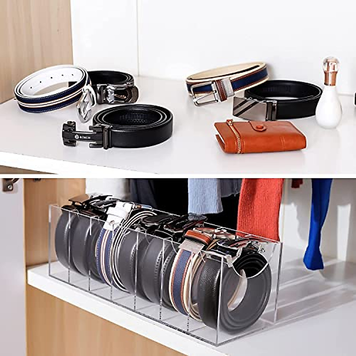 SefiHome Belt Storage Organizer, 7 Compartments Acrylic Belt Organizer, Clear Belt Holder for Closet, Belt Holder for Tie, Bow Tie, Wallets, Watches, Makeup, Jewelry