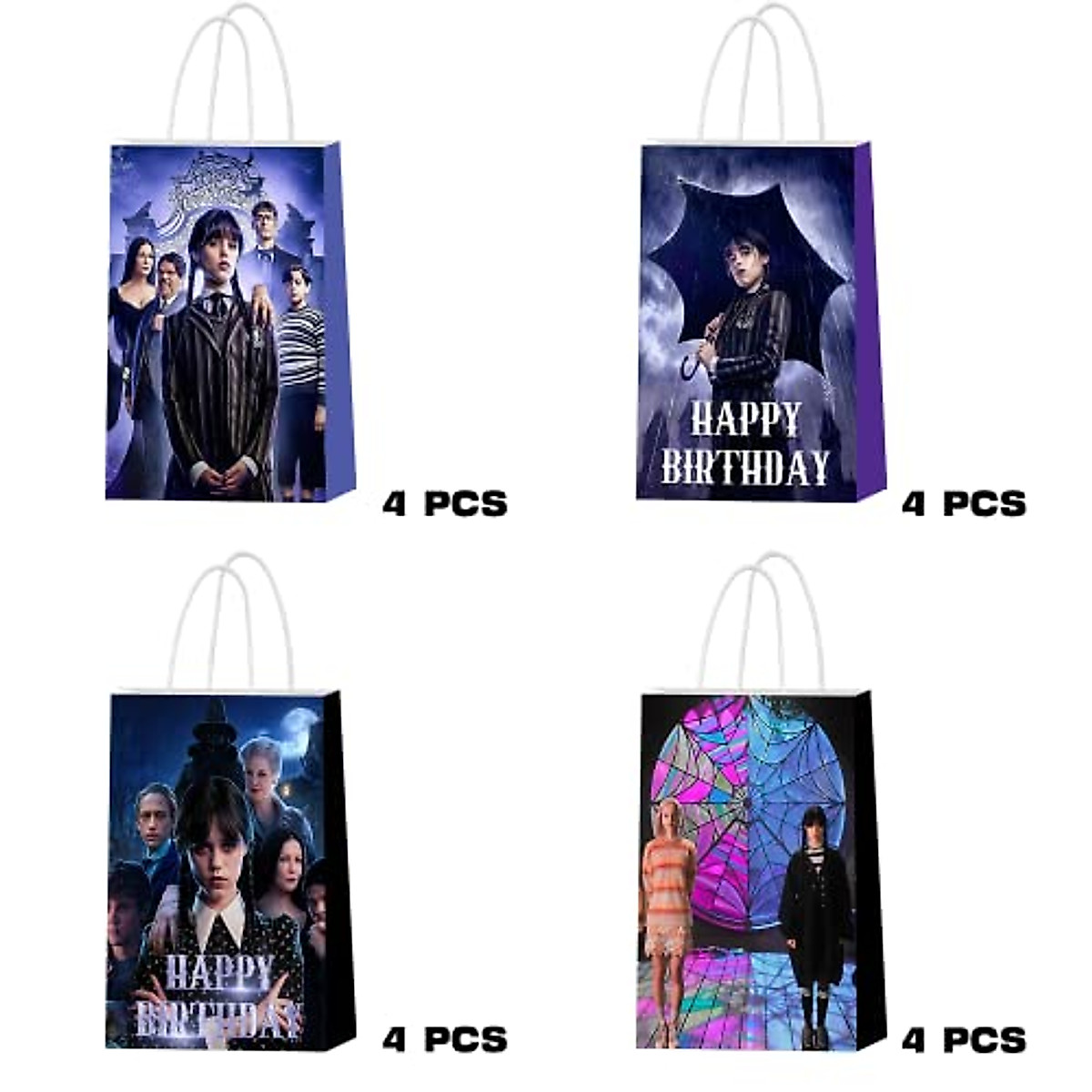 16 Pcs Wednesday Addams Party Supplies Birthday Gift Paper Bags with 4 Styles Wednesday Addams Theme Goodie Bags Party Favors for Boys and Girls Birthday Party Decorations