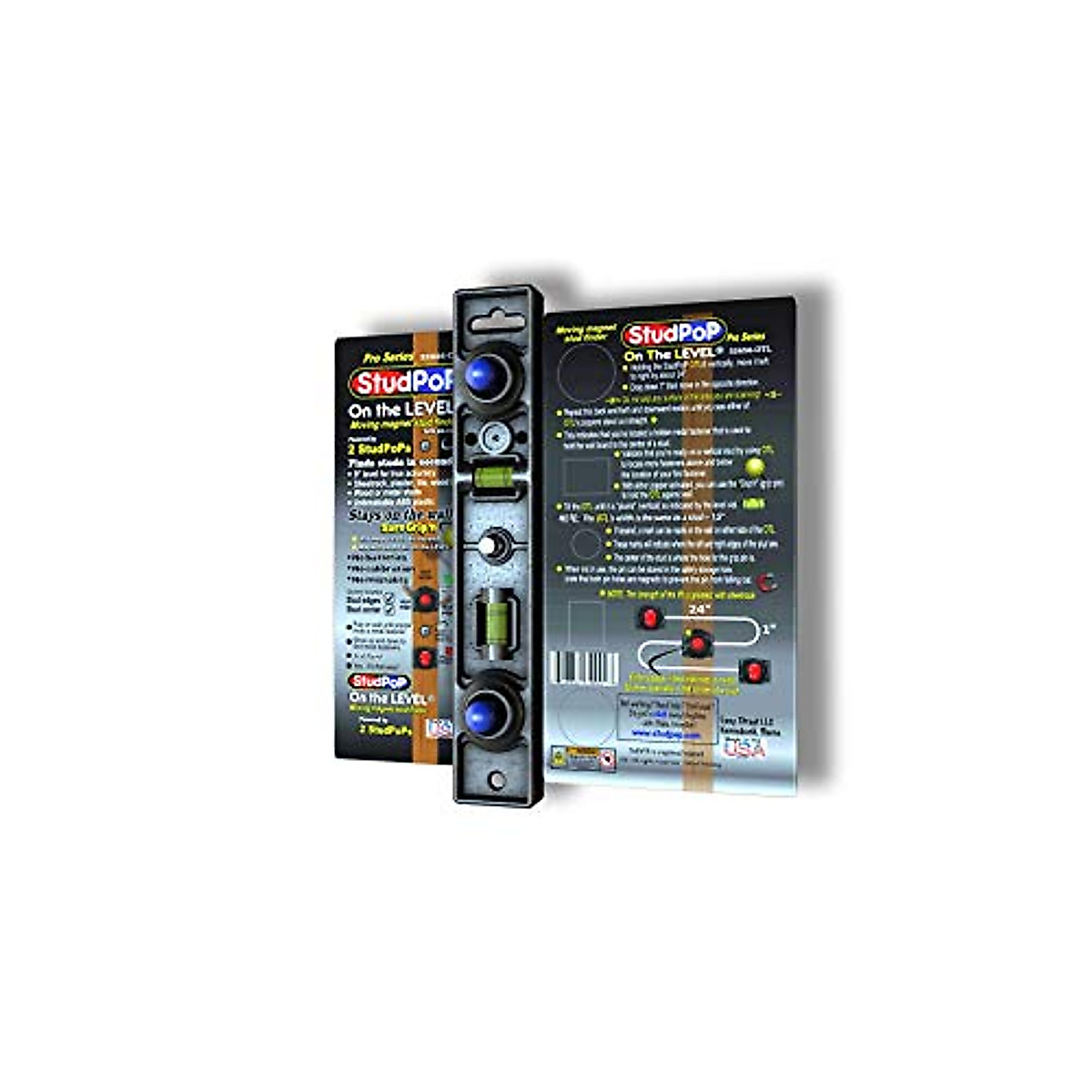 StudPoP On the LEVEL magnetic stud finder.Finds metal fasteners holding the wall board to the studs.Two moving magnets provide both an audible click and a visual movement when fastener is found.