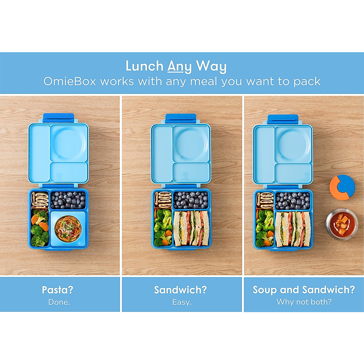 OmieBox Bento Box for Kids - Insulated Lunch Box with Leak Proof Thermos Food Jar - 3 Compartments, Two Temperature Zones (Sky Blue) (Single) (Packaging May Vary)