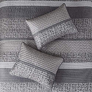 Madison Park Quilt Set Luxurious Jacquard Stripes Design - All Season, Coverlet Bedspread Lightweight Bedding Layer, Shams, Decorative Pillow, Full/Queen(90"x90"), Chevron Grey/Taupe 6 Piece