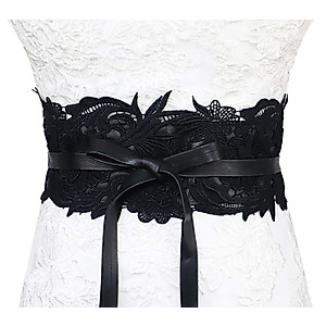 Lovful Womens Faux Leather Lace Wrap Around Obi Belt Waist Boho Band Wide Belts,Black