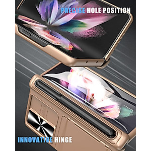 Vihibii for Samsung Galaxy Z Fold 3 Case with S Pen Holder & Hinge Protection, Credit Card Slot Kickstand Design, Slide Camera Cover & Screen Protector, Hard PC Phone Case for Z Fold 3 5G (Rose Gold)