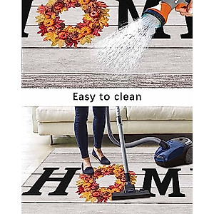 Outdoor Area Rug for Patio,Fall Thanksgiving Home Word Maple Leaf Wreath Camping Rugs Indoor Large Floor Mat 4x6ft,Sunflower Retro Wood Grain Outside Carpet for Deck RV Picnic Porch Backyard Bedroom