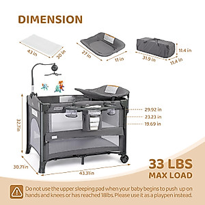 JOYMOR 5 in 1 Baby Bassinet with Changing Table, Besdide Bassinet, Portable Pack and Play with Bassinet, Mattress and Sheet, Toy, Wheels, Carry Bag for Boys Girls