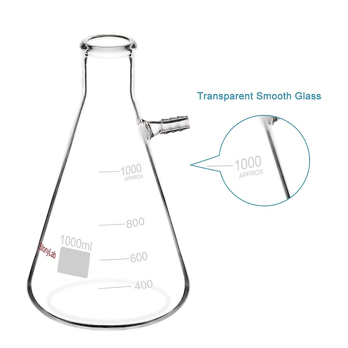 StonyLab 1000ml Borosilicate Glass Filtering Flask, Bolt Neck with Tubulation, 1L (1 Liter)