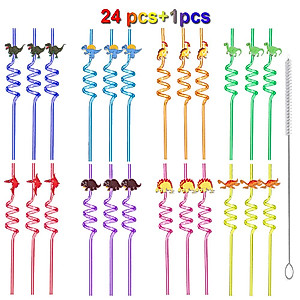 Dinosaur Party Favors Dinosaur Reusable Straws for Birthday Party Supplies with Cleaning Brush (24PCS)