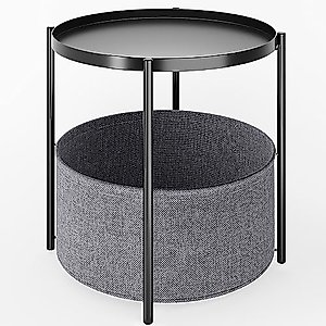 Fixwal End Tables with Fabric Storage Basket, SideTables Bedroom, Metal Small Bedside Table Nightstand with Removable Tray for Living Room, Nursery, Laundry, Black Nightstand