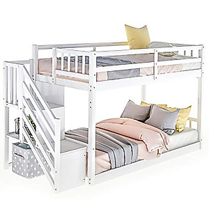 Twin Over Twin Floor Bunk Bed with Storage Shelves,Low Bunk Bed Frame with Stairs and Guardrails for Bedroom, Dorm, Kids, Teens, No Box Spring Required