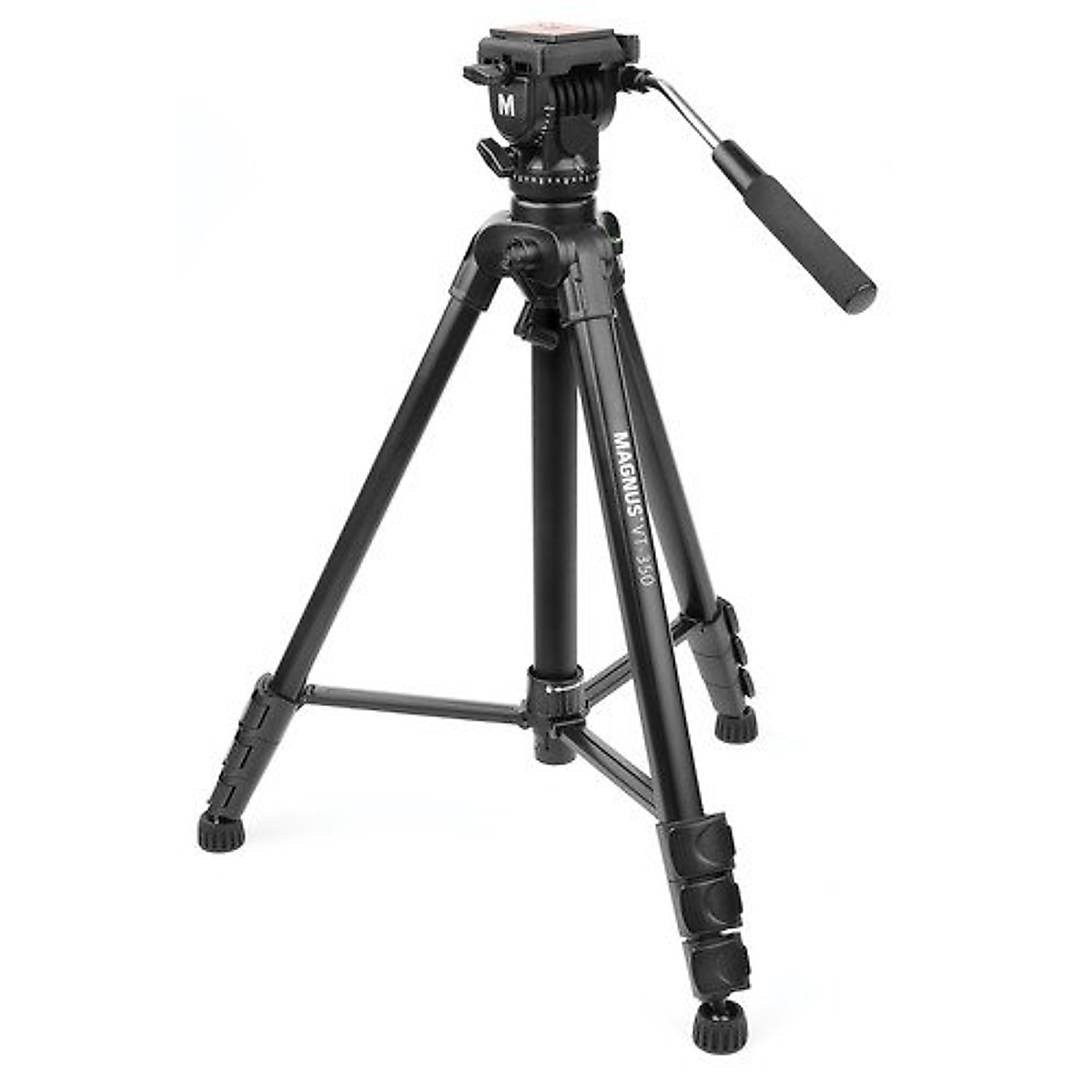 Magnus VT-350, Aluminum Video Tripod System with Fluid Head, Extends to 82”, Max Load 15 lb Mid-Level Spreader, Spiked Feet with Rubber Covers. Plus Quick Release plate, Carry Case with Shoulder Strap