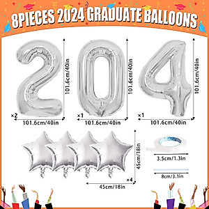 8 Pcs 2024 Balloons Graduation Class of 2024 Silver Number Balloons and Star Mylar Foil Balloons 40 Inch Silver Graduation Decorations, High School College Graduation Party Decorations Supplies