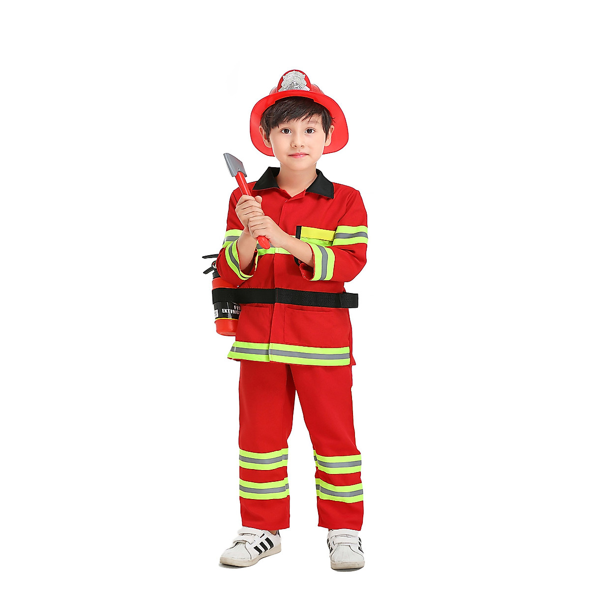 yolsun Fireman Costume for Kids, Boys' and Girls' Firefighter Dress up, Fire Fighter with Toy Accessories Set Halloween Role Play(Red,4-5 Years)