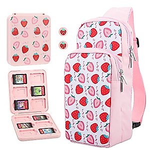 FANPL Carrying Case for Nintendo Switch/OLED/ Lite Travel Bag, Pink Shoulder Backpack Set with Game Case and Thumb Grip Caps, Switch Accessories Portable Crossbody Bag with Strawberry for Girls