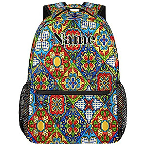 Custom Ethnic Mexican Talavera Backpack for Teens Boys Girls, Add Your Own Text Name Mexican Tiles Personalized Schoolbag Bookbags, Customized Laptops Backpack for Men Women