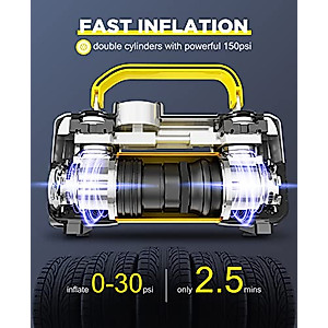 UUP Tire Inflator Air Compressor, 150PSI 12V DC Double Cylinders Heavy Duty Portable Air Pump w/Emergency LED Light for Truck, SUV, Car, RV