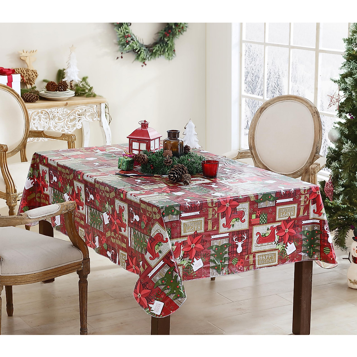 Newbridge Red Sleigh Bells Ring Country Rustic Vinyl Flannel Back Vinyl Christmas Tablecloth, Moose Antlers, Sleighs and Festive Xmas Wipe Clean Tablecloth, 52 Inch x 70 Inch Oblong/Rectangle