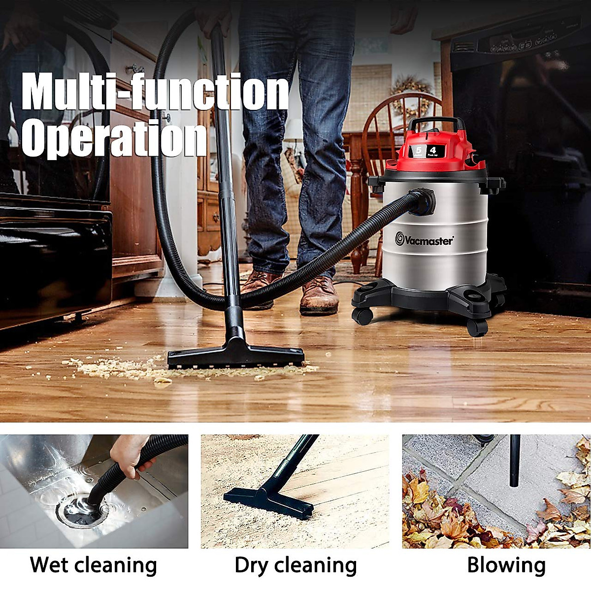 Vacmaster Red Edition VOC508S 1101 Stainless Steel Wet Dry Vacuum 5 Gallon 4 Peak HP 1-1/4 inch Hose Powerful Suction with Blower Function