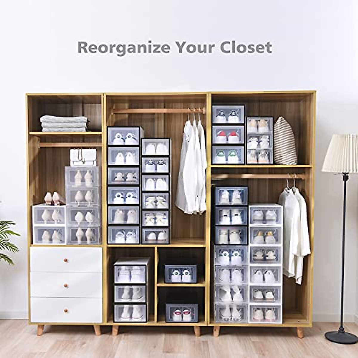 Amassage 12 Pack Boxes for Shoe Storage Clear Plastic Stackable,Organizer for Closet, Space-Saving Containers Bins (Black)