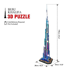 CubicFun 3D Puzzles LED Dubai Burj Khalifa 57.5" H Architecture Building Model Kits for Adults, Souvenir Decoration and Birthday Gifts for Men and Women, the Tallest Tower 136 Pcs