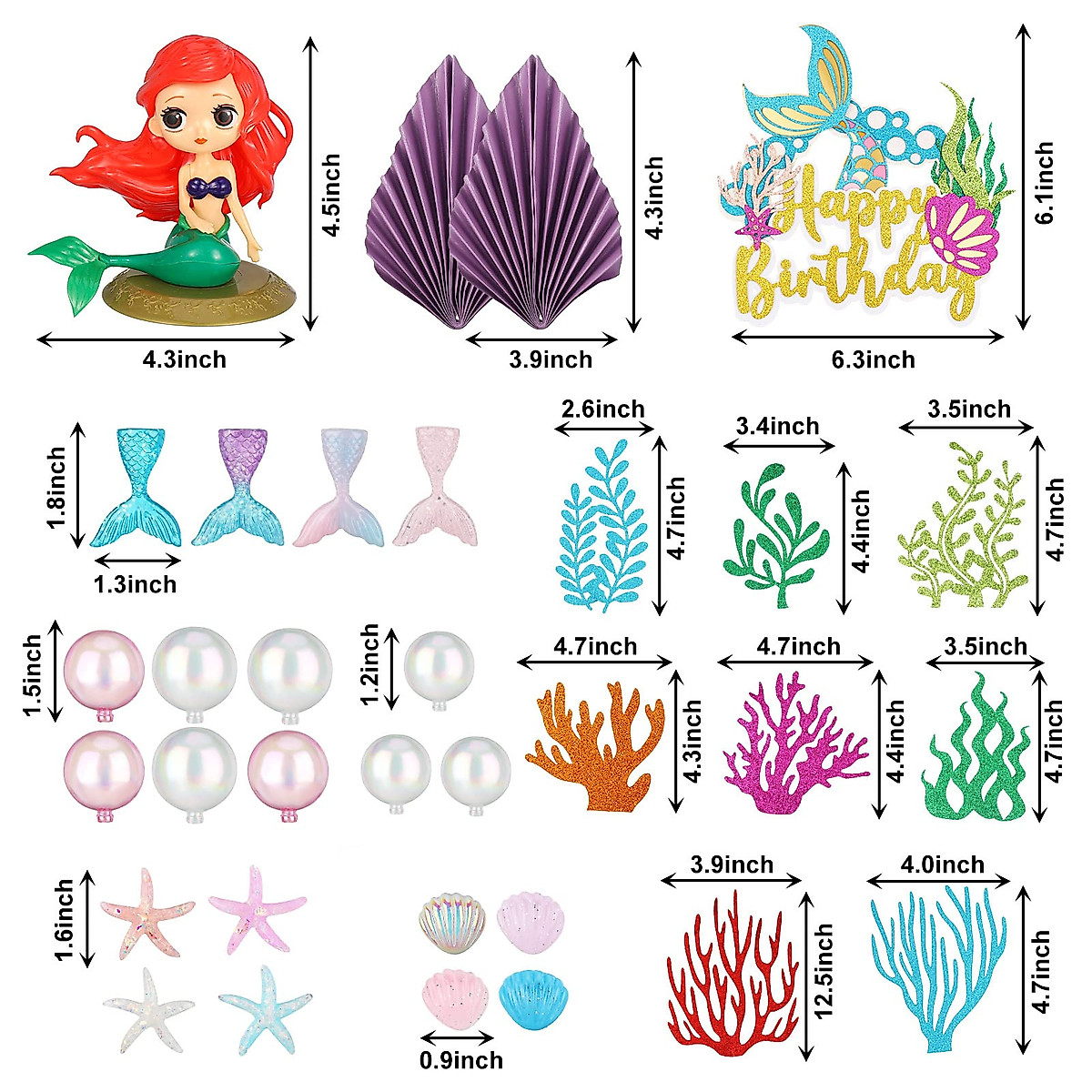 QUEEN KING 33 pcs Mermaid Cake Topper,Little Resin 3D Mermaid Seaweed Palm Leaves Bubble Starfish Shell Mermaid Tail Cupcake Picks for Kids Girls Birthday Baby Shower Party Decorations