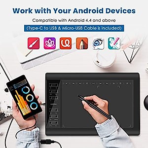 XOPPOX Graphics Drawing Tablet 10 x 6 Inch Large Active Area with 8192 Levels Battery-Free Pen and 12 Hot Keys, Compatible with PC/Mac/Android OS for Painting, Design & Online Teaching