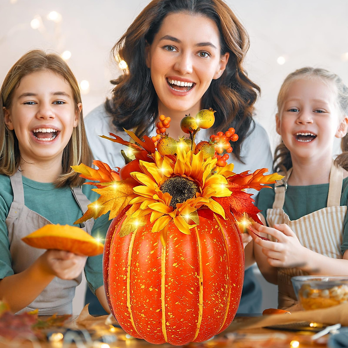Roseeyo 11 Inch Lighted Pumpkin Decor, Thanksgiving Decorations Artificial Pumpkin with 30 LED Lights 9 Maple Leaves 2 Pumpkins 2 Berry Stems Sunflower Straw, Autumn Pumpkin Home Table Decorations