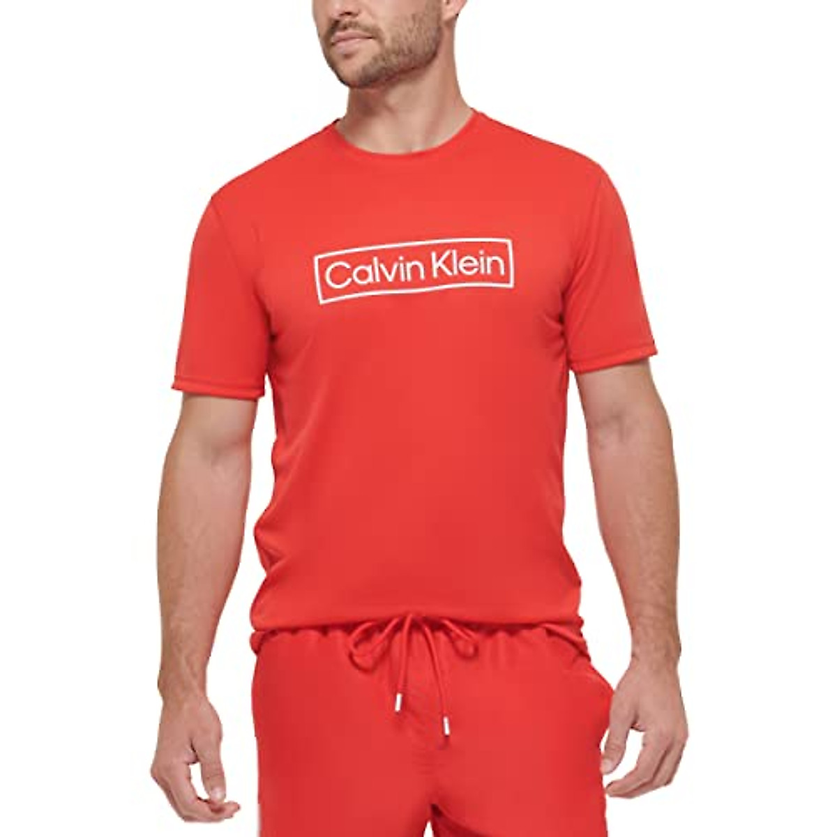 Calvin Klein Men's Standard Light Weight Quick Dry Short Sleeve 40+ UPF Protection, Red, Medium