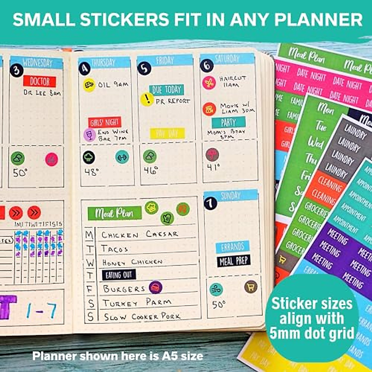 Practical Planner Stickers - Value Pack 48 Sheets, 6 Months of Aesthetic Agenda Stickers for Weekly Planner, Bullet Dot Journal - Planning, Goals, Fitness, Habit Tracking, Days