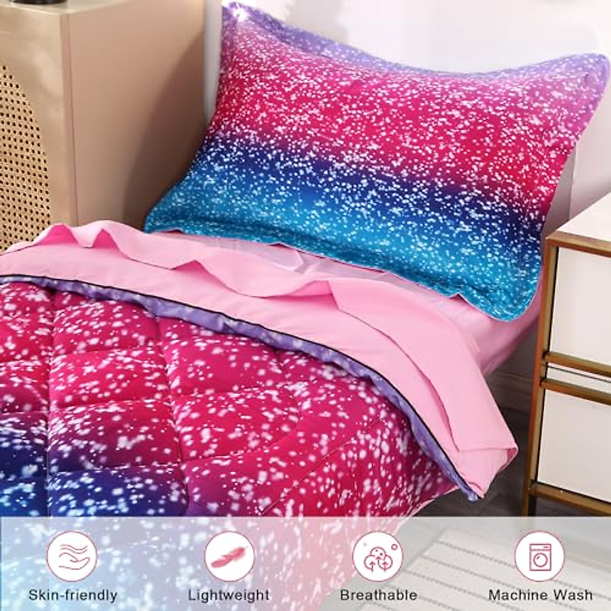 Wowelife 4 Piece Galaxy Toddler Bedding Sets Star Toddler Comforter Sets Pink Blue for Girls and Boys Gradient Glitter Comforter Sheet Set with Comforter, Fitted Sheet, Flat Sheet and Pillowcase