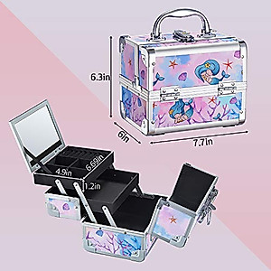 Joligrace Makeup Train Case for Girls Cosmetic Box Kids Jewelry Organizer Hair Accessories Storage Lockable with 2-Tier Trays & Mirror Mermaid Princess