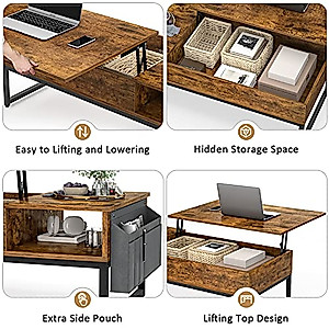 Aheaplus Lift Top Coffee Table with Storage, Wood Lifting Top Central Table Metal Frame, 43.3" Lift Tea Table with Side Pouch, Cocktail Table Modern Pop up Adjustable Table for Living Room