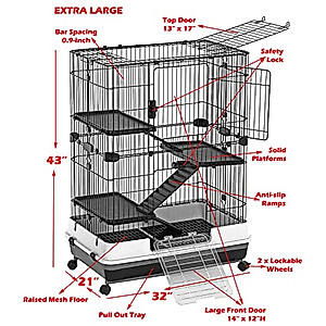 Large 4-Floor Indoor Small Animal Pet Habitat Cage Playpen Guinea Pig Ferret Chinchilla Rabbit Bunny Cat Kitten with Solid Platforms, Ramps, Leakproof Litter Tray, 3 Large Access Doors, Casters