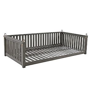 CKLMMC Minimalist 2-Person Acacia Wood Swing Bed, Patio Porch Swing with Ropes for Backyard Garden, Safe Sloped Design,Mattress, Cushions and Pillows not Included(Gray/Acacia)