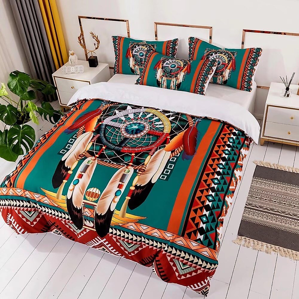Purefair Colorful Dream Catcher Duvet Cover Set Queen, Boho Bohemian Style 3D Feathers Diamond Bedding Mandala Native American Ethnic Tribal 3PCS Soft Lightweight Quilt Cover Set(No Comforter)