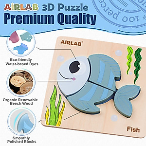 Wooden Puzzles for Toddlers Ocean Animals Montessori Toys Year Old Baby Girl Boy Gifts Educational Learning Bright Color Chunky Shape Puzzle Pack of 4