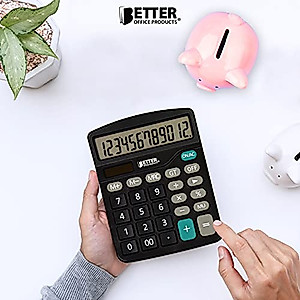 Large Desktop Calculators, 5 Pack, 12-Digit LCD Display, Angled Display Panel, by Better Office Products, Standard Function, Black, Dual Power with Included AA Battery Power, 5 Pack