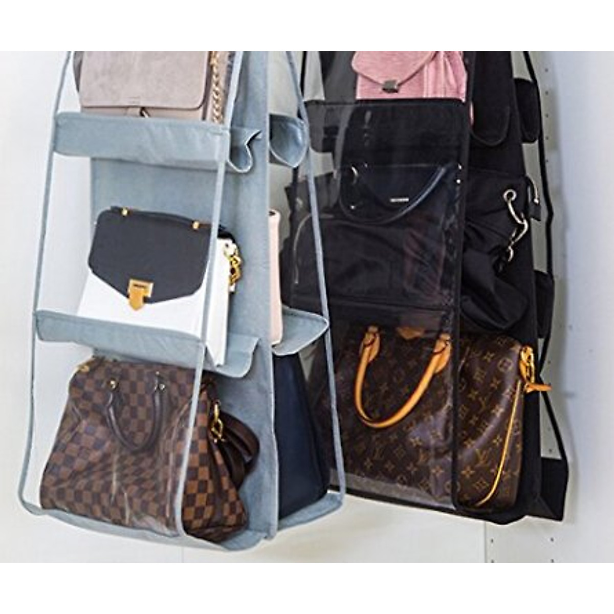 Greenery 6 Pockets Hanging Closet Organizer Clear Easy Accees Anti-dust Cover Handbag Purse Holder Storage Bag Collection Shoes Clothes Space Saver Bag with a Hanging Hook (Black)