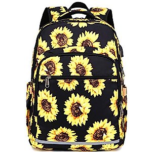 BLUBOON Backpack for Women 15.6 Inch Laptop Bookbag College School Backpack Girls Floral Schoolbag Compartment Daypack for Business Travel with USB Charging Port and Headphone Interface Sunflower