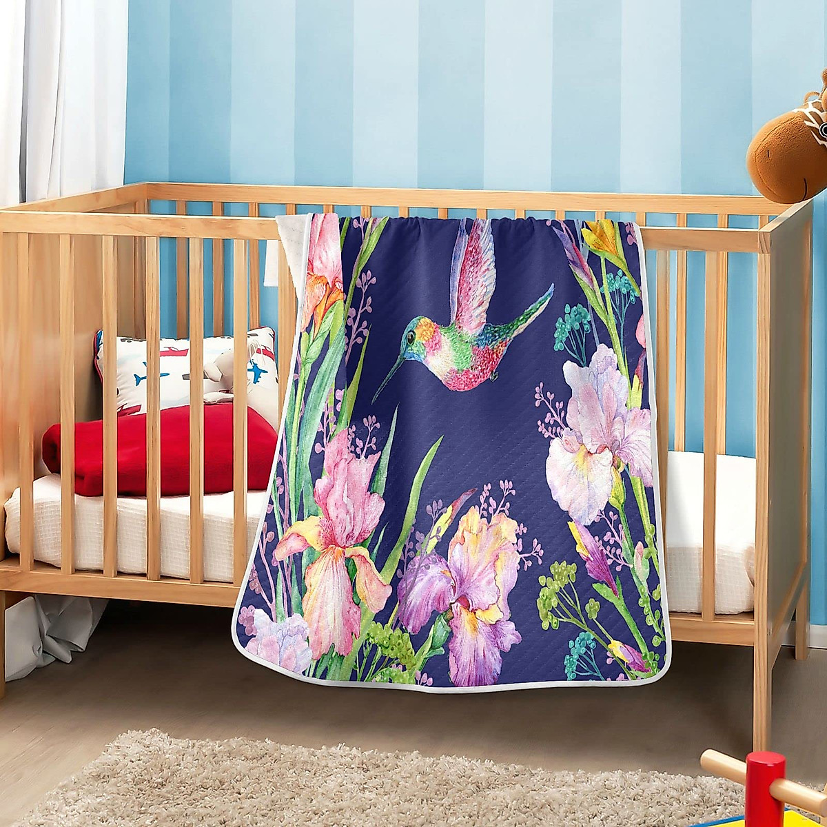 Kigai Hummingbird Iris Flower Baby Blanket, Cozy Throw Blankets for Newborn Infant and Toddler, Soft and Warm Receiving Baby Blanket for Crib Stroller