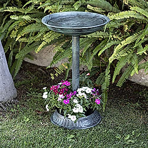 Alpine Corporation TIZ112 Alpine Plastic Outdoor Decor for Garden, Patio, Deck, Porch-Green Birdbath with Planter Pedestal, 25 Inch Tall, 15"L x 15"W x 25"H, Turquoise