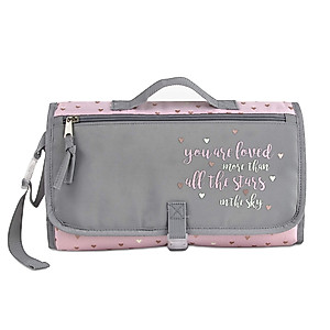 Baby Diaper Bag Tote 5 Piece Set with Pink Hearts, Saying, and Baby Portable Changing Pad, Diaper Bag, Travel Mat Station Gift Set