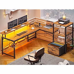 SEDETA Home Office Desk with File Drawer and Power Outlet, 51" Corner Computer Desk with Fabric Drawer and Storage Shelves, Corner Gaming Desk with LED Lights, Monitor Stand and Hooks, Rustic Brown