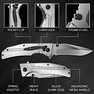 3.5" Blade Pocket Knife - Sharp Folding Knives for Men Women - Tactical Survival Camping Hunting Knofe - Gray EDC Knife with Pocket Clip - Gift for Men - Stocking Stuffers 140106
