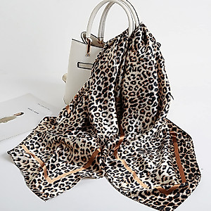 woogwin 2 Pack 35" Satin Silk Like Hair Scarf Bandana Light Head Wraps Neck Face Scarves Cover for Women (2pcs Leopard Coffee)