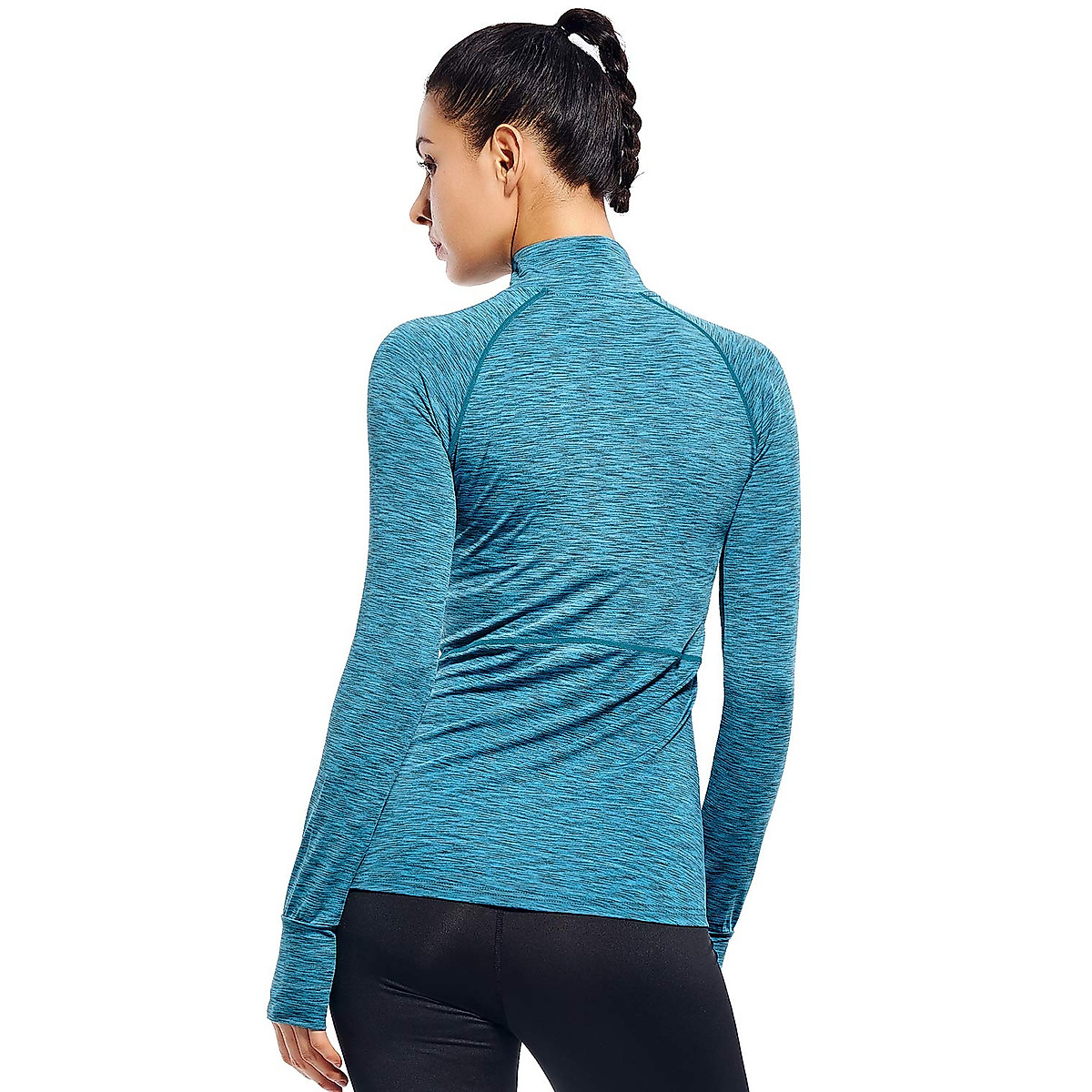 Zengjo Long Sleeve Running Shirts Women Half Zip Thumb Holes(Blue/Grey,S)